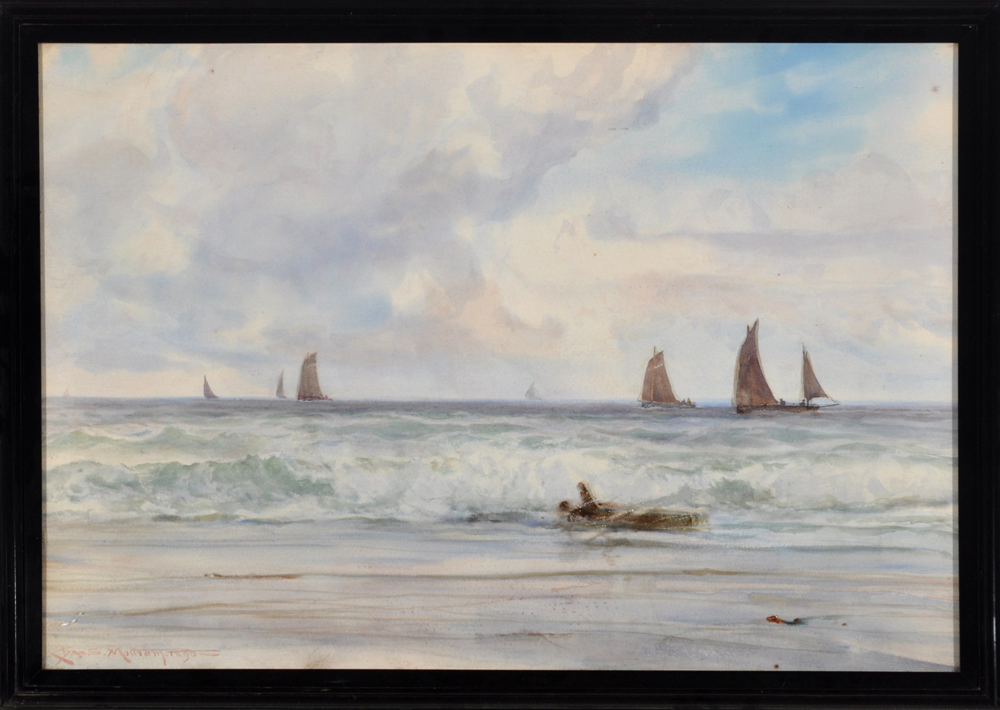 Lot 74 - Charles Sim Mottram - Boats off a beach,