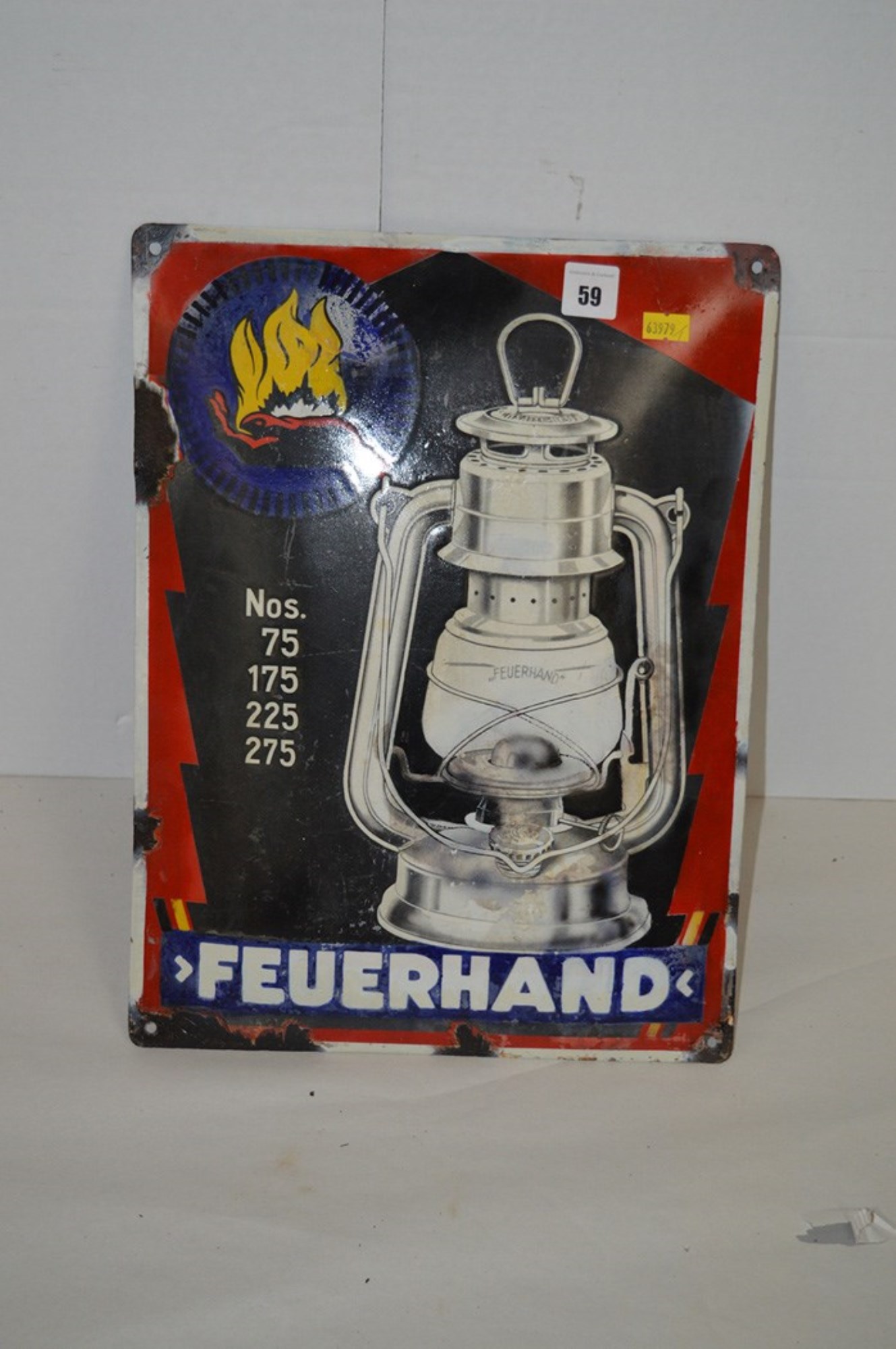 Lot 59 - 'Feuerhand Storm Lantern' enamel advertising