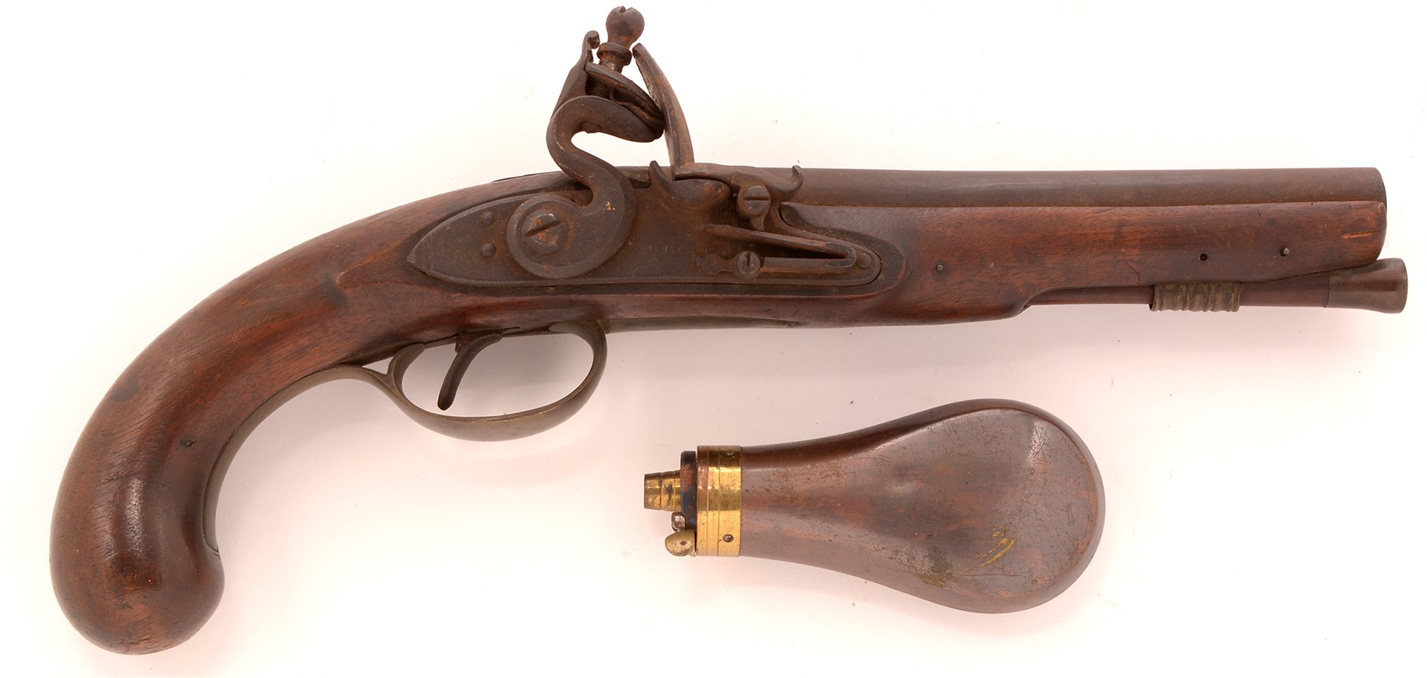 Lot 501 - Flint lock pistol and powder flask