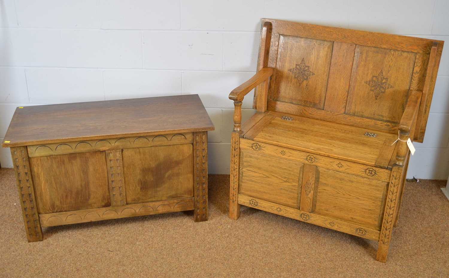 Lot 741 - Mid 20th Century oak monks bench and a