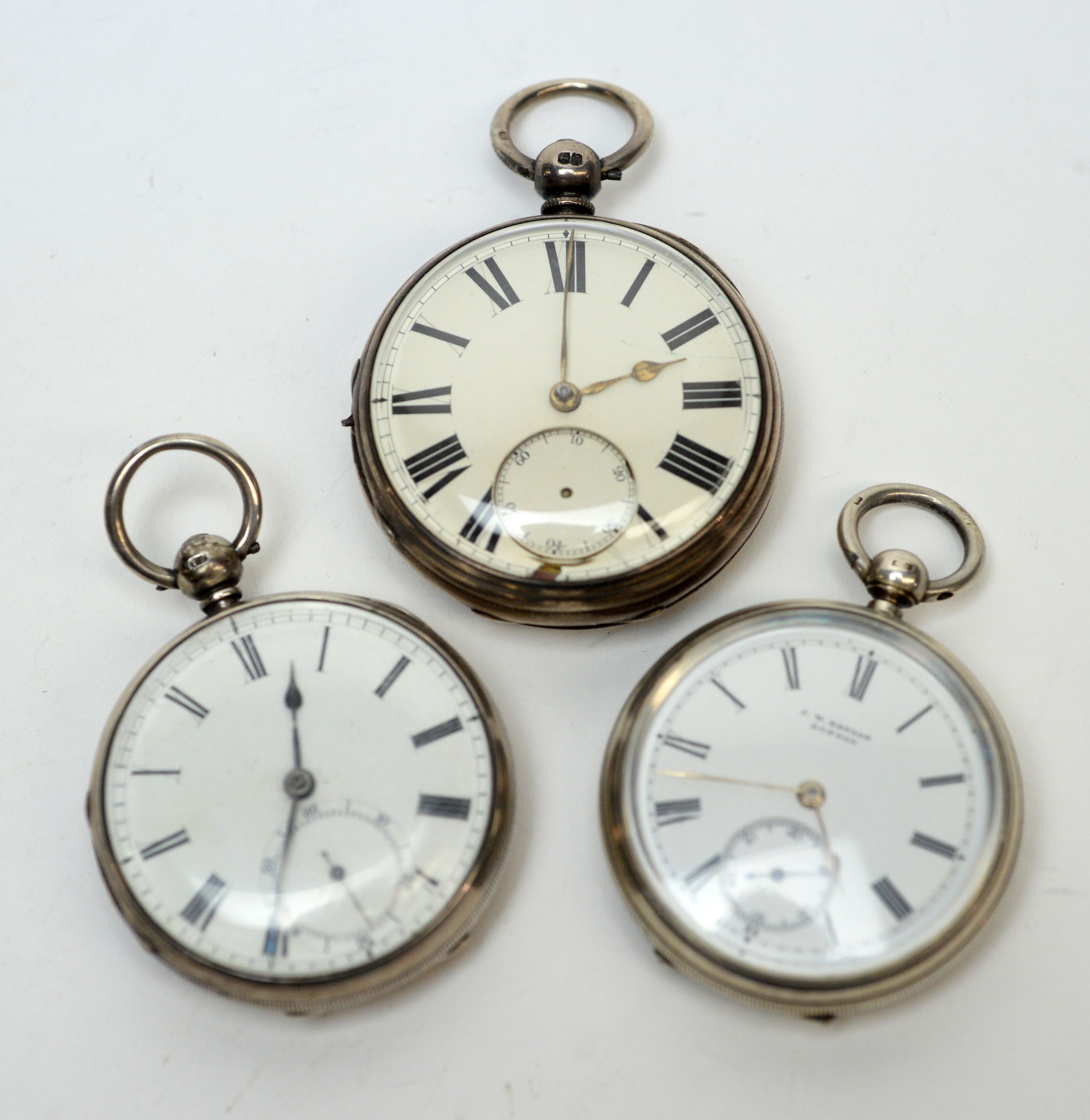 Lot 172 - Three silver cased open faced pocket watches,